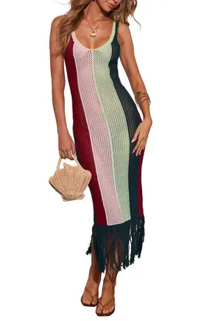VICI Marrion Stripe Open Stitch Fringe Midi Dress - Multi