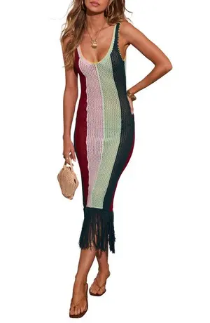 VICI Marion Stripe Open Stitch Fringe Midi Dress