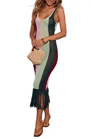 VICI Marion Stripe Open Stitch Fringe Midi Dress