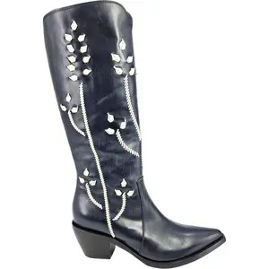 MADISON MAISON Cowboy Tall Boots With Floral Embroidery - Navy