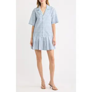 PETAL & PUP Fraser Stripe Drop Waist Mini Shirtdress - Blue Stripe