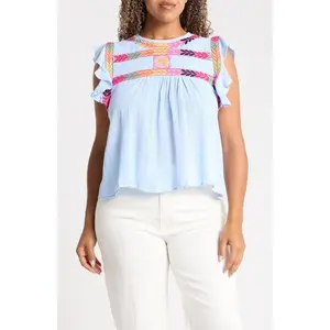 RAIN AND ROSE Embroidered Flutter Cap Sleeve Top - Blue