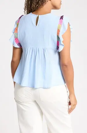 RAIN AND ROSE Embroidered Flutter Cap Sleeve Top
