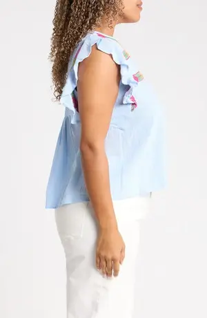 RAIN AND ROSE Embroidered Flutter Cap Sleeve Top
