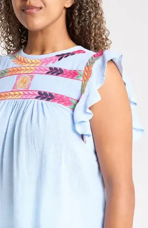 RAIN AND ROSE Embroidered Flutter Cap Sleeve Top