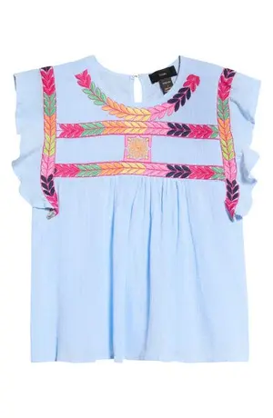 RAIN AND ROSE Embroidered Flutter Cap Sleeve Top