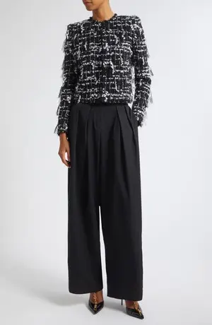 Balmain Black And White Tweed Cropped Jacket With Fringe