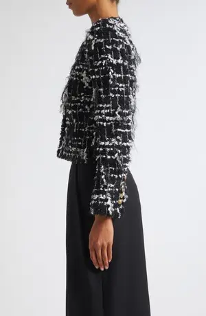 Balmain Black And White Tweed Cropped Jacket With Fringe