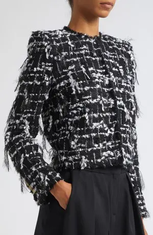 Balmain Black And White Tweed Cropped Jacket With Fringe