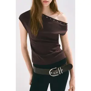 Mango Asymmetrical Studded T-shirt - Brown