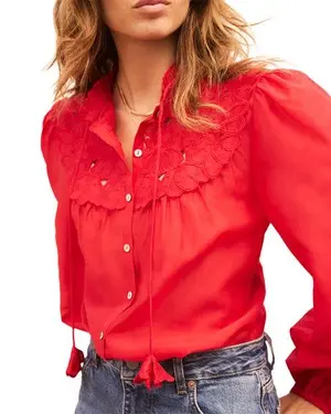 Mint Velvet Floral Detail Cutwork Blouse - Red