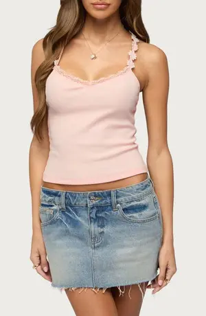 EDIKTED Caila Flower Strap Rib Tank - Pink