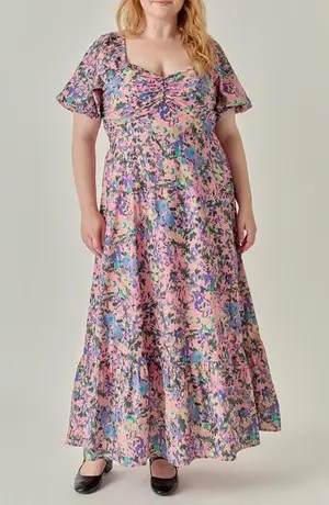 English Factory Floral Print Open Back Tie Maxi Dress - Pink Multi