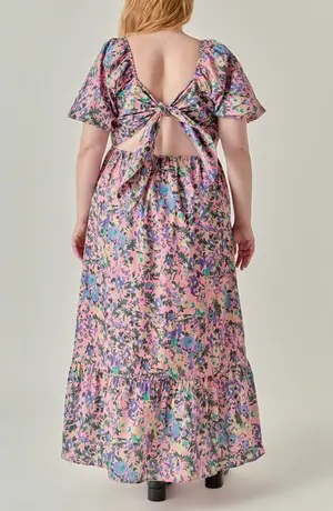 English Factory Floral Print Open Back Tie Maxi Dress