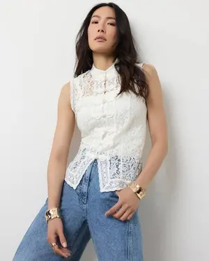 Mint Velvet Lace Mandarin Collar Military Top