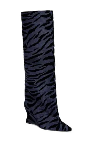 AZALEA WANG Knee High Animal Print Wedge Boot - Denim