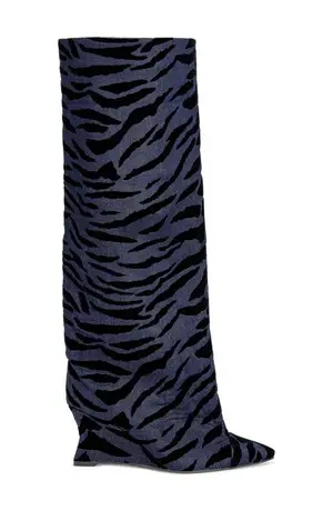 AZALEA WANG Knee High Animal Print Wedge Boot - Denim
