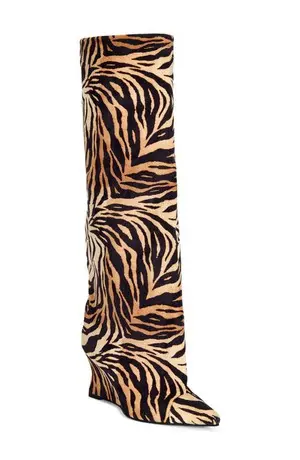 AZALEA WANG Knee High Animal Print Wedge Boot - Orange Multi