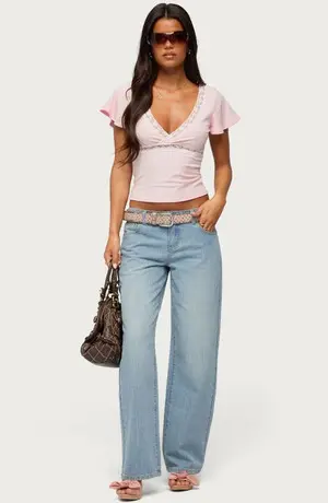 EDIKTED Lace Trim Plunge Neck Flutter Sleeve Top - Light-pink