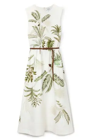 REISS Palma Palm Print Linen Midi Dress - Ivory/khaki