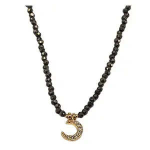 MADISON BEVERLY HILLS Hematite Micro Bead Crescent Moon Choker Necklace - Black