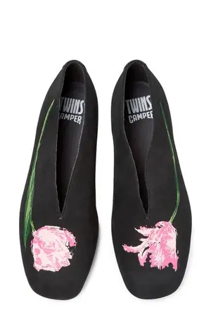 Camper Casi Myra Twins Floral Ballerina Flat - Black