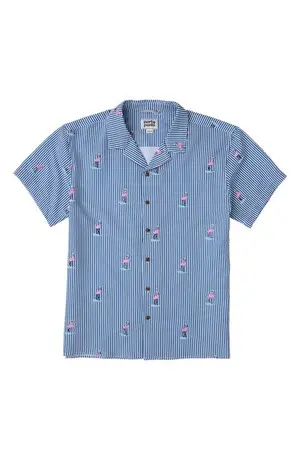 PARTY PANTS Mingo Weekender Stripe Flamingo Print Seersucker Camp Shirt - Indigo