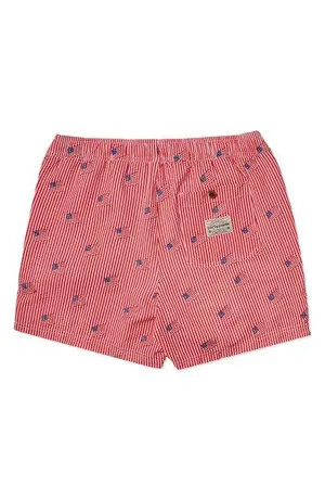 PARTY PANTS Embroidered Stripe Swim Trunks With Bottle Opener
