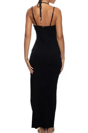 Luli Fama Gilded Butterfly Fitted Side Slit Maxi Dress
