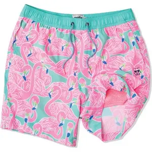 PARTY PANTS Flamingo Print Mid-thigh Swim Trunks - Mint Green
