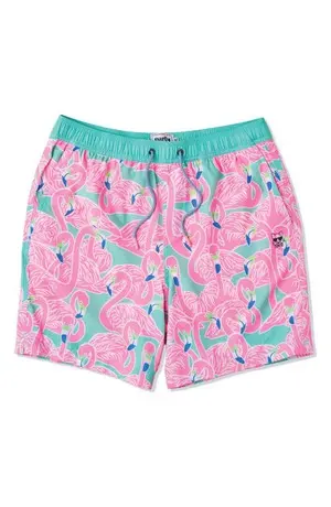 PARTY PANTS Flamingo Print Mid-thigh Swim Trunks