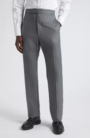 Thom Browne Pinstriped Wool Trousers With Tricolor Grosgrain Loop - Medium Grey