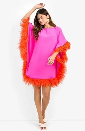 Trina Turk Feather Trim Caftan Mini Dress