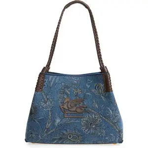 Etro Small Libra Denim Shopping Tote With Pegaso Logo - Print On Blue Base