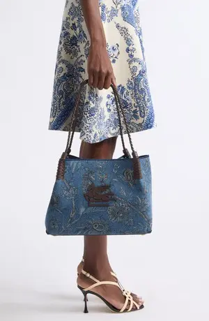 Etro Small Libra Denim Shopping Tote With Pegaso Logo