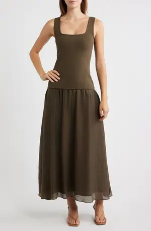 Moon River Square Neck Sleeveless Midi Dress - Olive