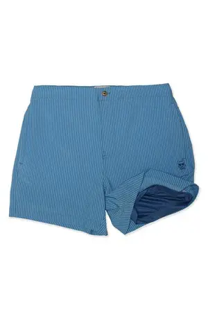 PARTY PANTS Mullet Seersucker Striped Swim Trunks - Blue