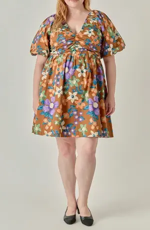 English Factory Floral Puff Sleeve Minidress - Brown Multi