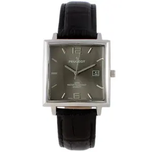 PEUGEOT Square Calendar Leather Strap Watch - Grey