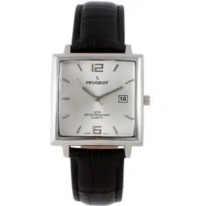 PEUGEOT Square Calendar Leather Strap Watch - Silver