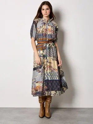 APRICOT High Neck Patchwork Midi Shirt Dress - Navy