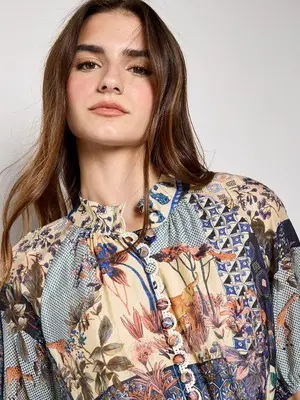 APRICOT High Neck Patchwork Midi Shirt Dress