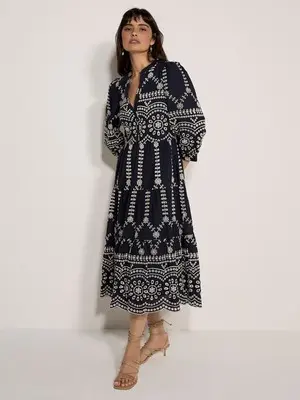 APRICOT Contrast Broderie Anglaise Midi Dress - Navy