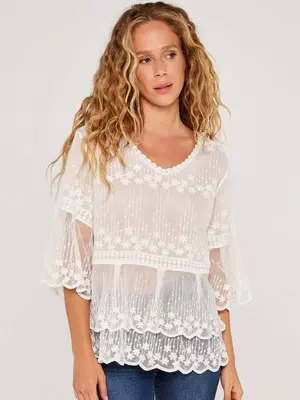 APRICOT Embroidered Cotton Mesh Top