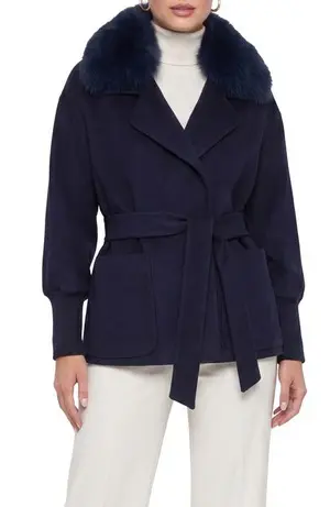 Gorski Fabric Jacket With Detachable Genuine Shearling Collar - Navy