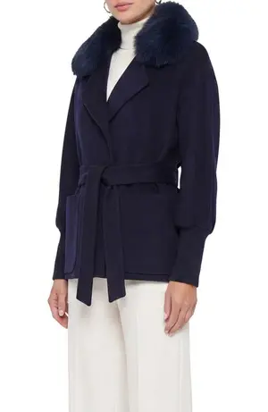 Gorski Fabric Jacket With Detachable Genuine Shearling Collar - Navy