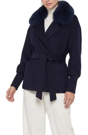 Gorski Fabric Jacket With Detachable Genuine Shearling Collar - Navy
