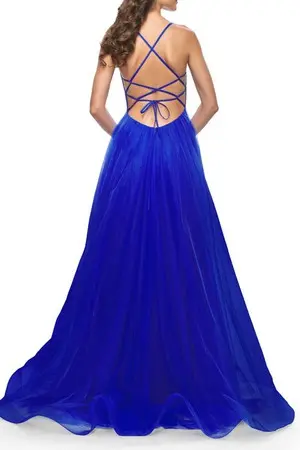 La Femme A-line Tulle Gown With Rhinestone Embellished Bodice And Thigh-high Slit - Royal Blue
