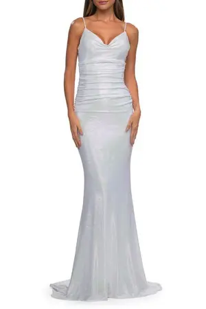 La Femme Metallic Ruched Gown With Illusion Back - Ivory