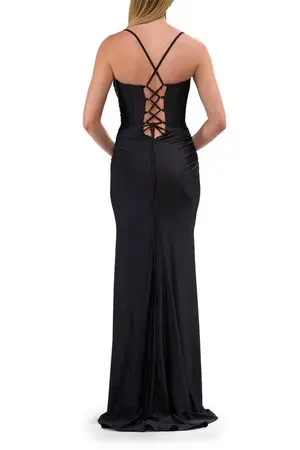 La Femme Corset Deep V-neck Jersey Gown With Thigh-high Slit - Black